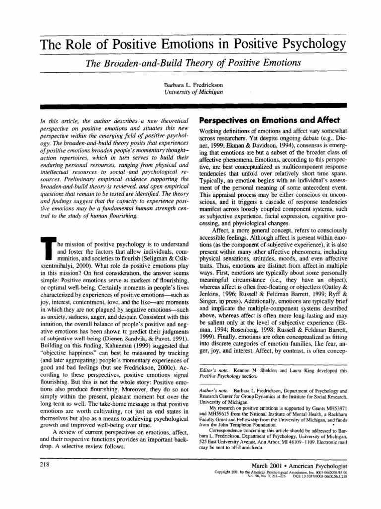 The Role of Positive Emotions in Positive Psychology | PDF
