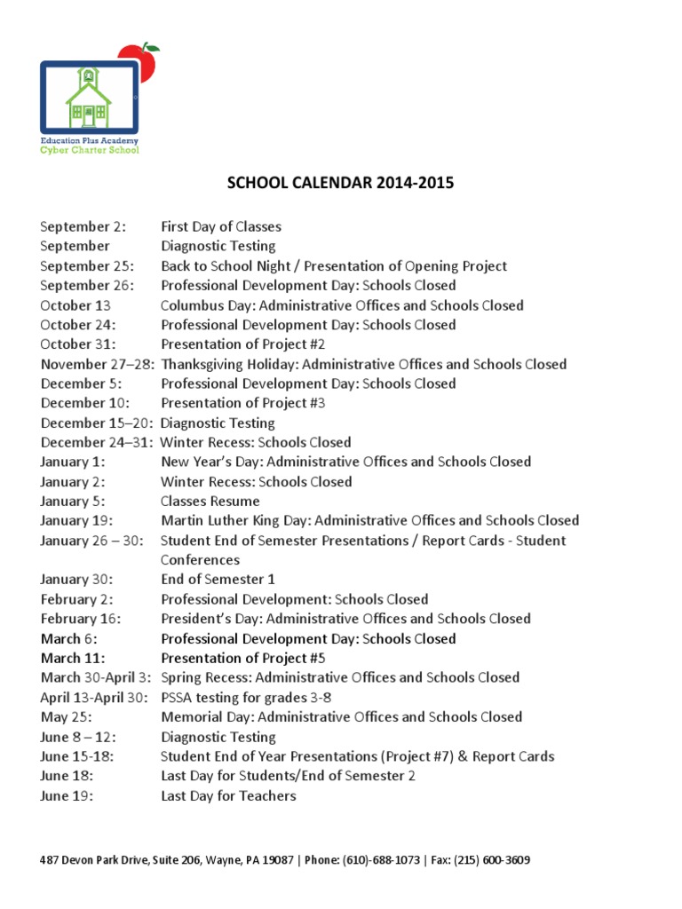 2014-2015 School Year Schedule | PDF | Career & Growth