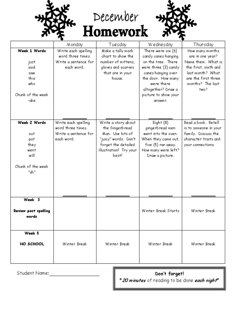 December Homework Calendar | PDF | Language Arts & Discipline
