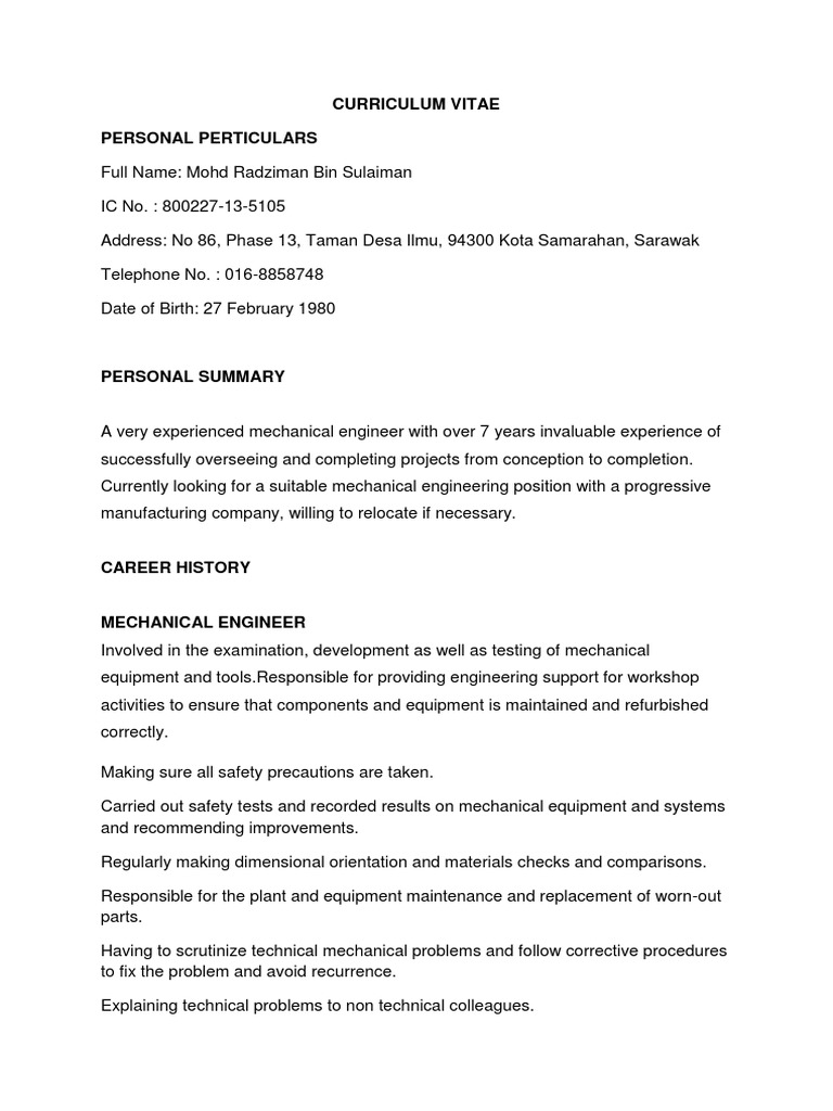 Curriculum Vitae Personal Perticulars | PDF | Production And ...