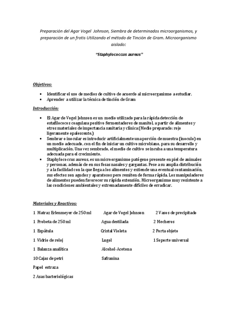 Preparación Del Agar Vogel Johnson | PDF | Staphylococcus Aureus ...