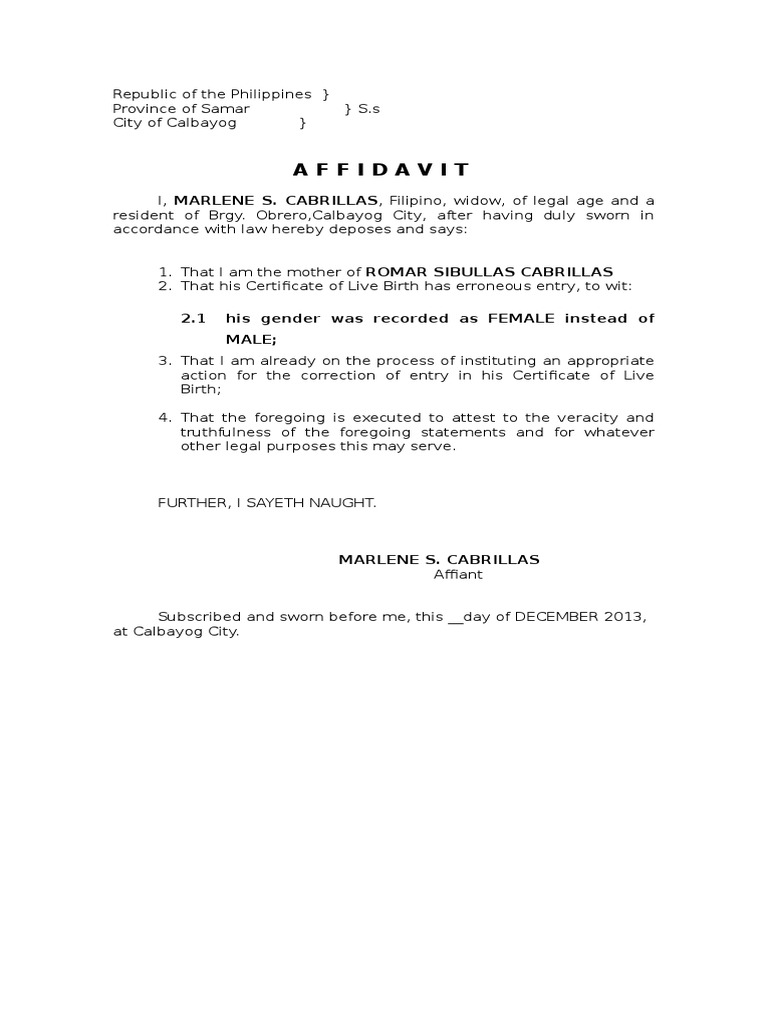 Sample Affidavit Correction Entry | Politics | Common Law