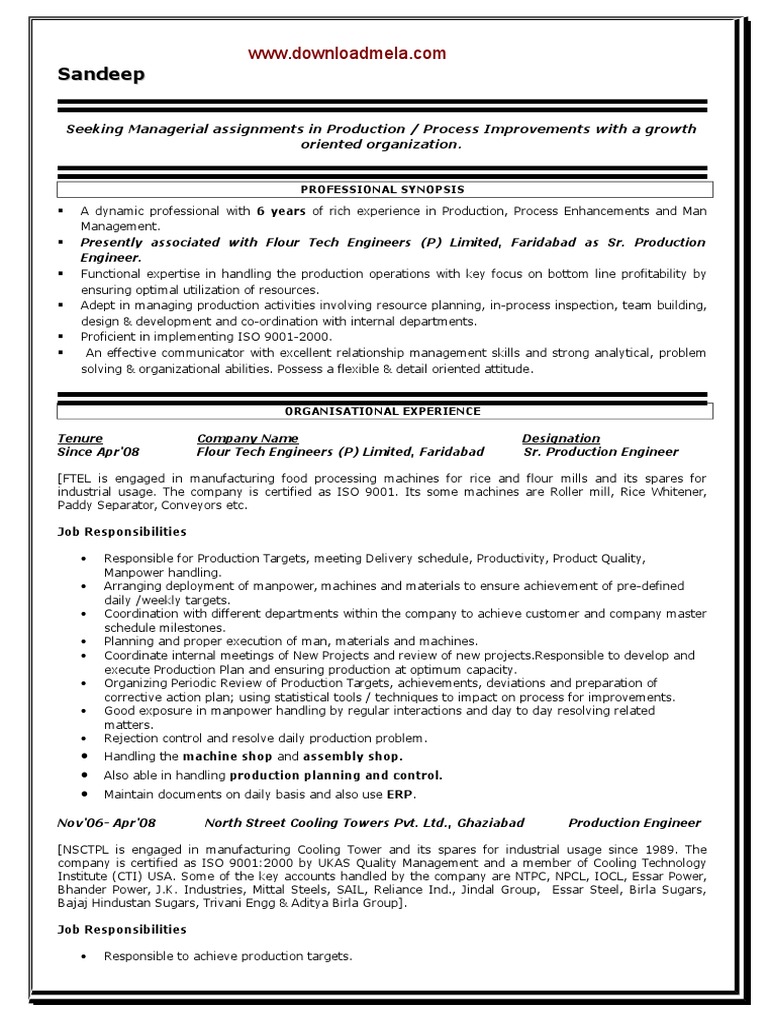 Senior Production Engineer Sample Resume | PDF | Business | Industries