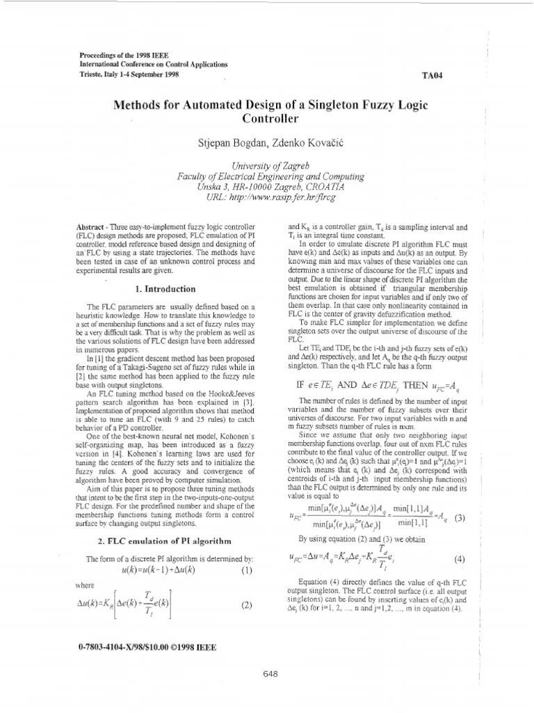 Methods For Automated Design For Singleton Fuzzy Logic Controller | PDF ...