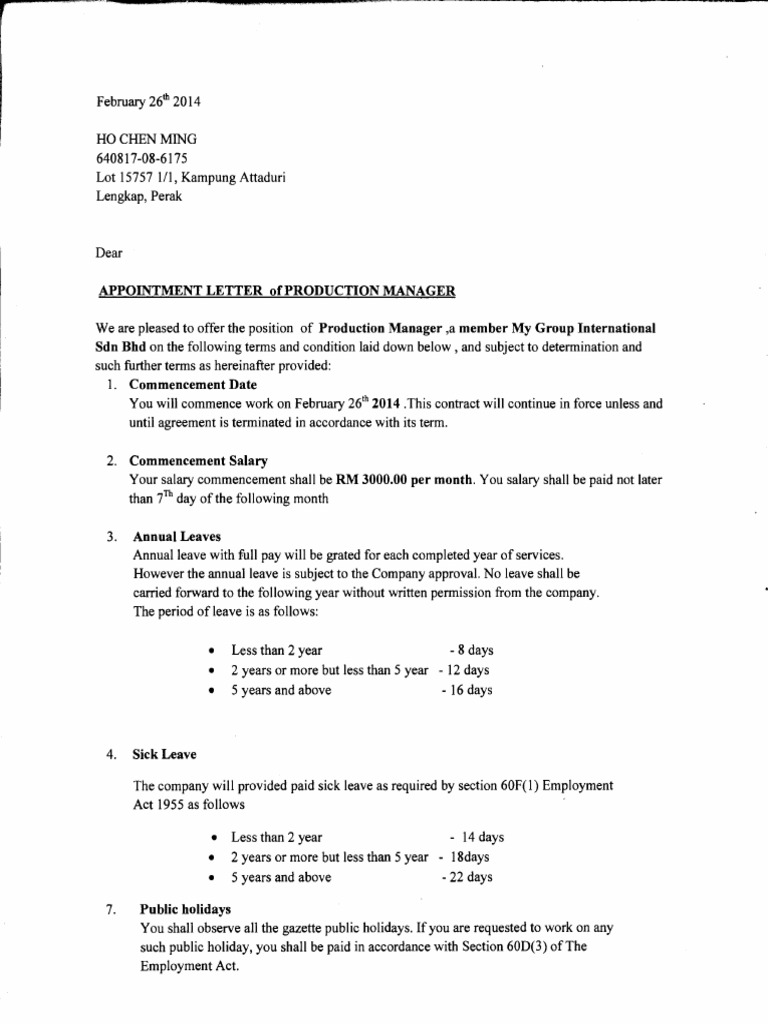 APPOINTMENT LETTER | Contractual Term | Salary