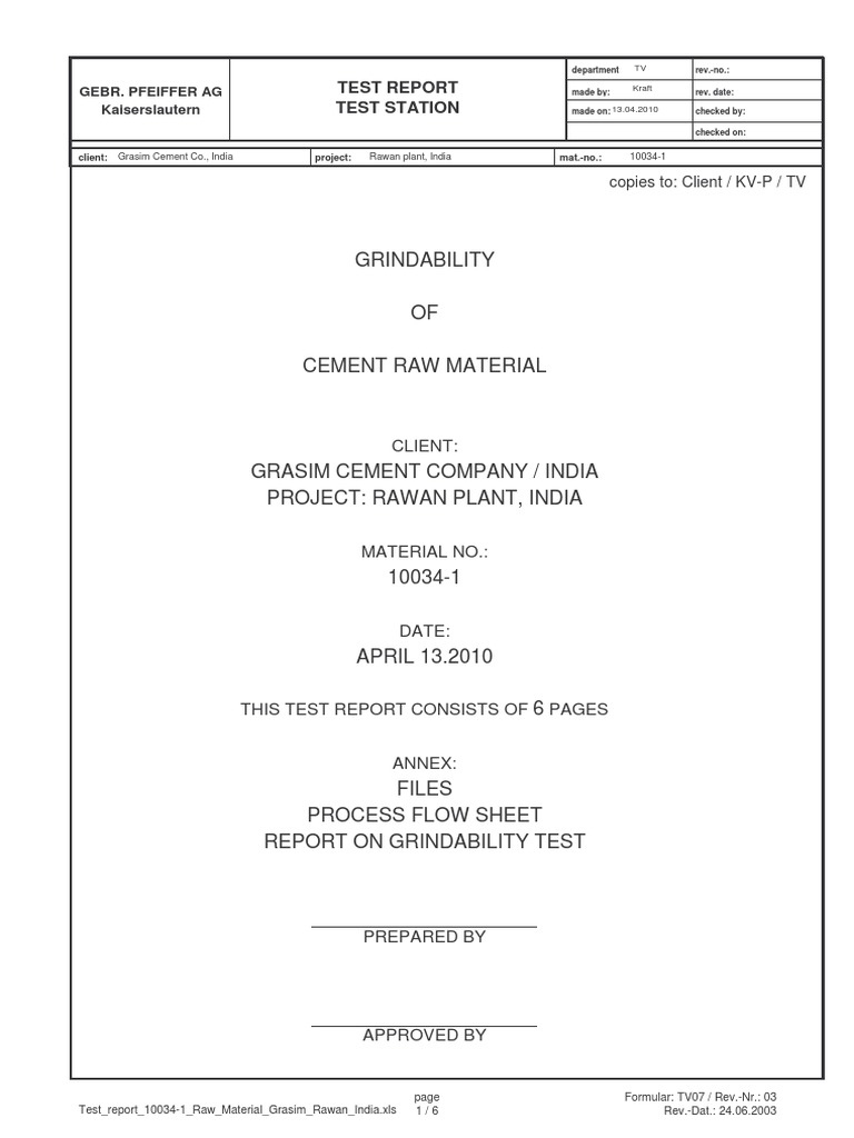 Test Report 10034-1 Raw Material Grasim Rawan India | PDF | Mill ...