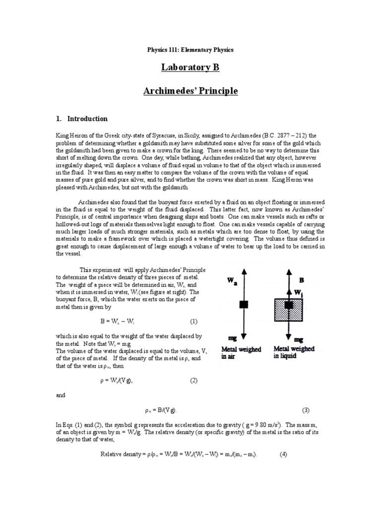 Laboratory B Archimedes' Principle: Physics 111: Elementary Physics ...