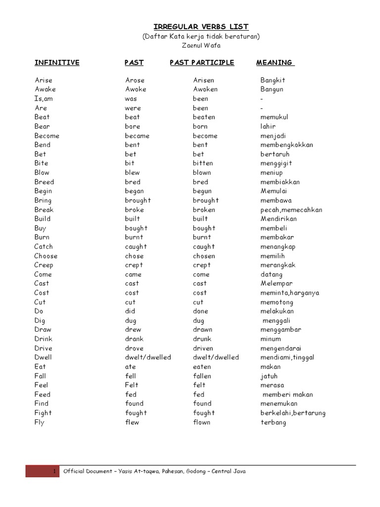 Comprehensive Irregular Verbs List | PDF | Language Arts & Discipline