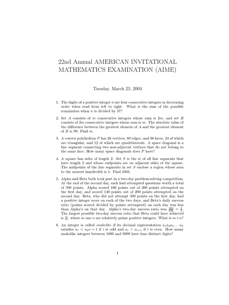 22Nd Annual American Invitational Mathematics Examination (Aime) | PDF ...