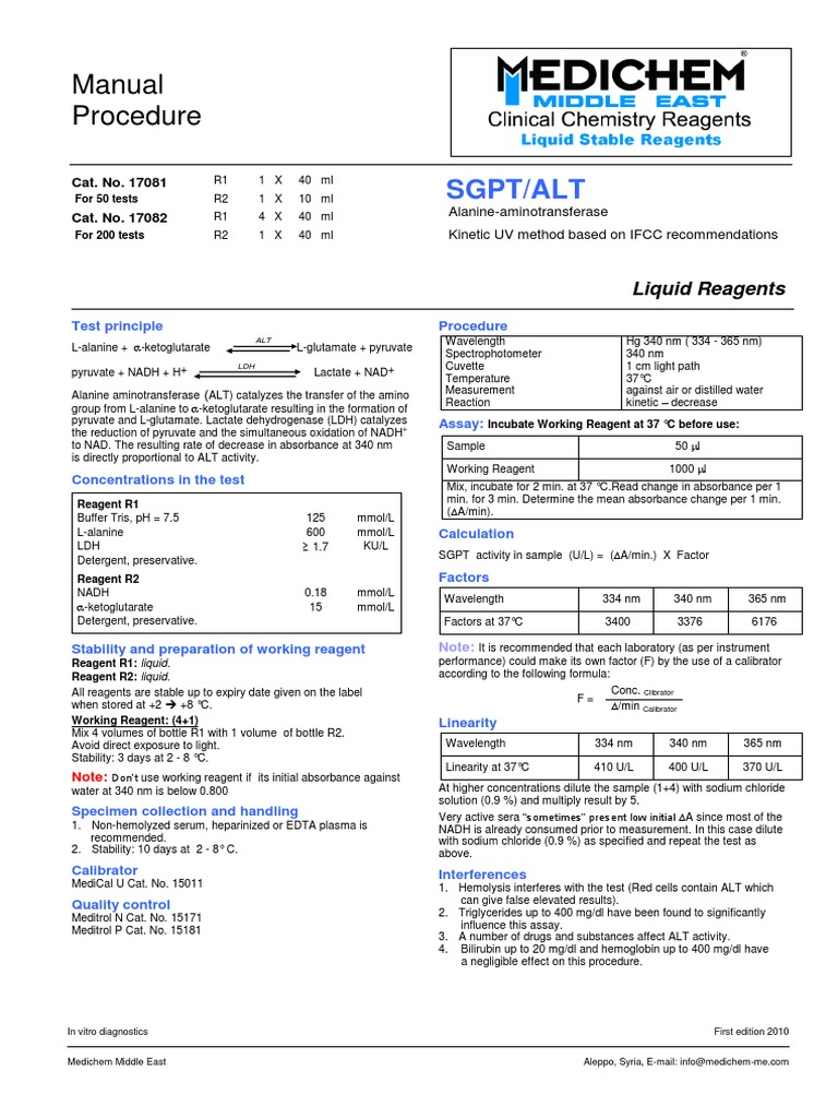 Manual Procedure: Sgpt/Alt | PDF | Alanine | Lactate Dehydrogenase