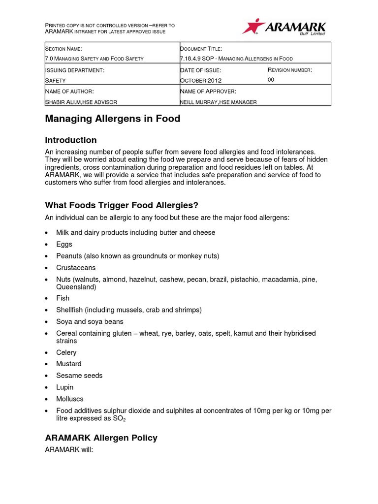46 For Review 7.18.4.9 SOP Managing Allergens in Food | PDF | Food ...