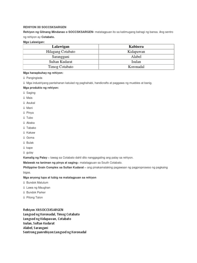 Rehiyon Xii Soccsksargen | PDF