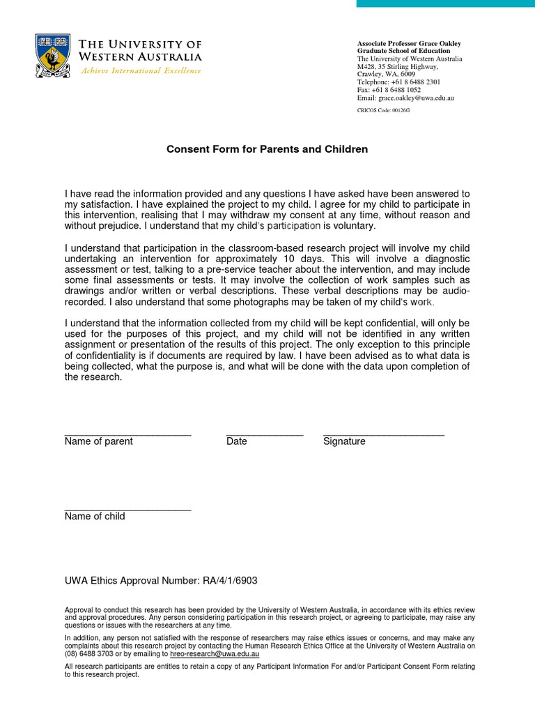 Consent Form For Parents and Children: Associate Professor Grace Oakley ...