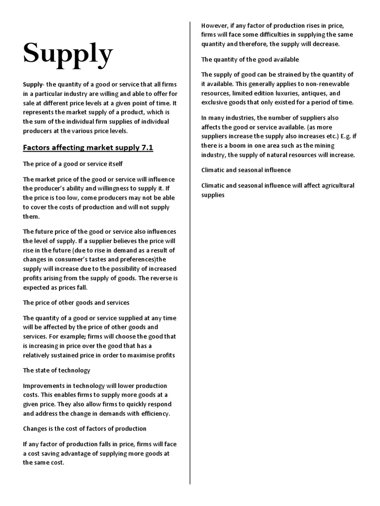 Economics Notes On Supply | Download Free PDF | Supply (Economics) | Demand