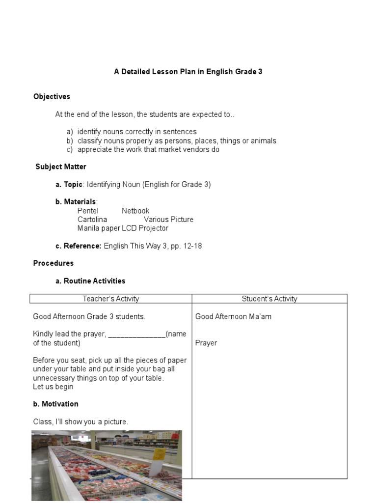 Grade 3 English Lesson Plan: Nouns | PDF | Market (Place) | Lesson Plan