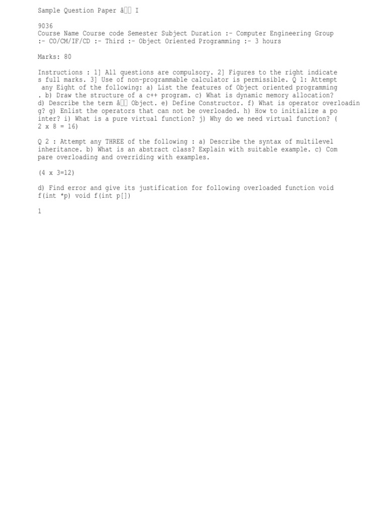 Object Oriented Programming OOPs or C Sample Paper of MSBTE For Third ...