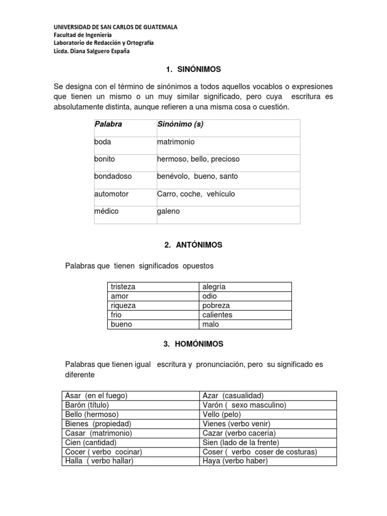 Fichas De Trabajo De Sinónimos, Antónimos Y Homónimos LOS