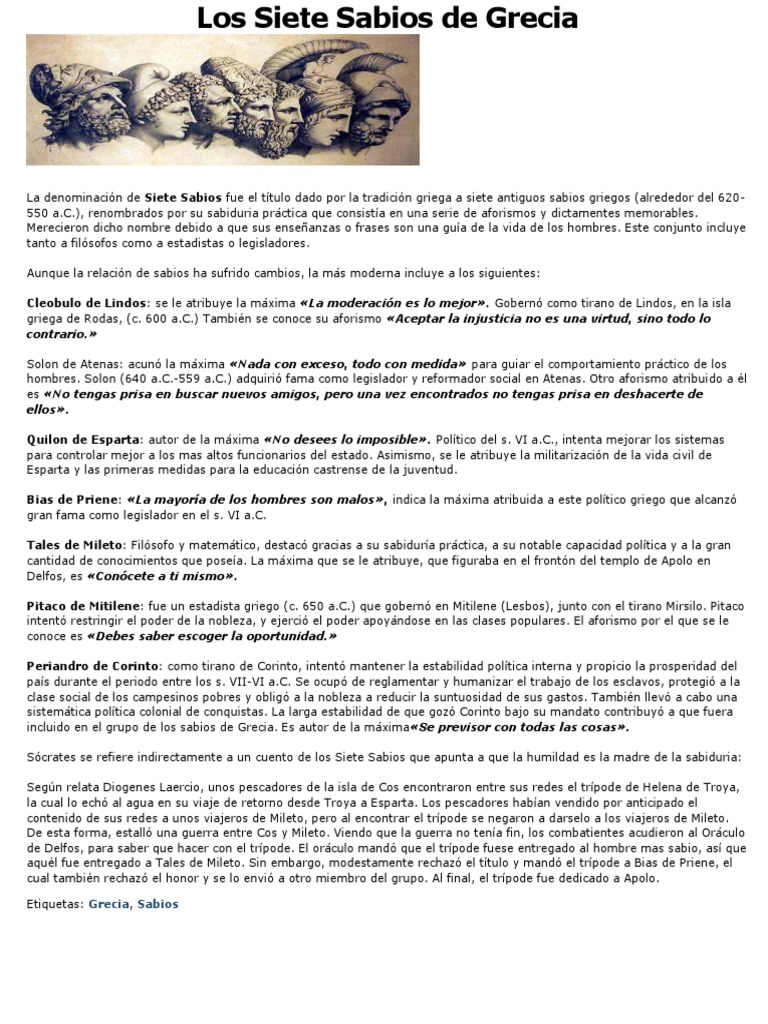 Sabiduría de los Siete Sabios Griegos | PDF | Antiguedad clasica ...
