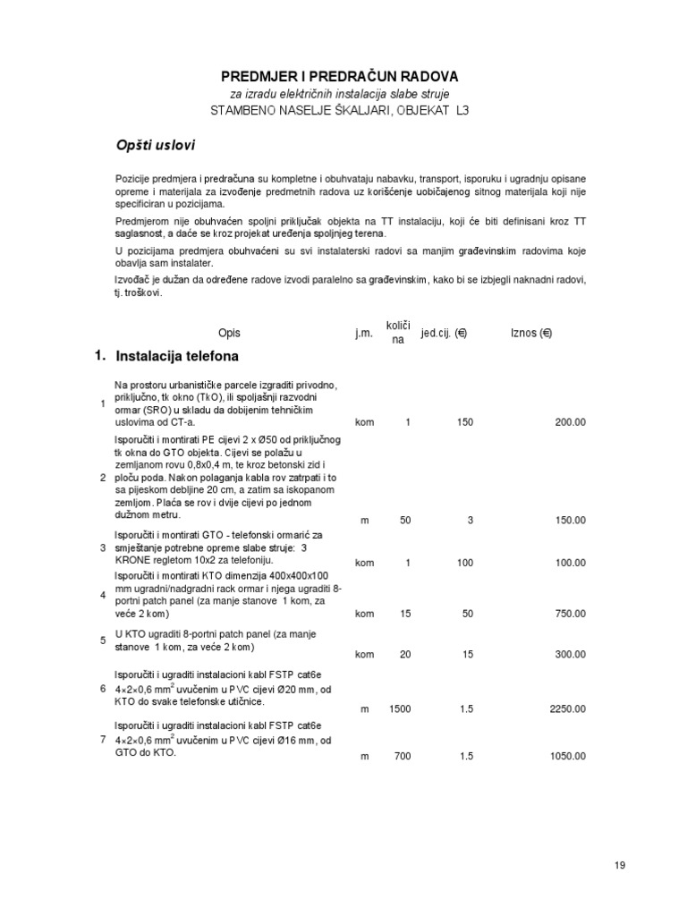Predmjer I Predracun Slabe Struje L3 25.09.2013 | PDF