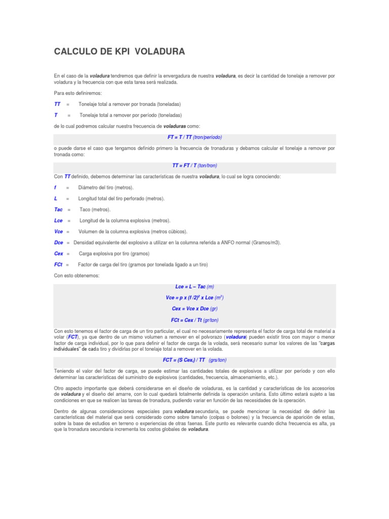 Calculo de Kpi - Voladura | PDF | Tonelada | Volumen