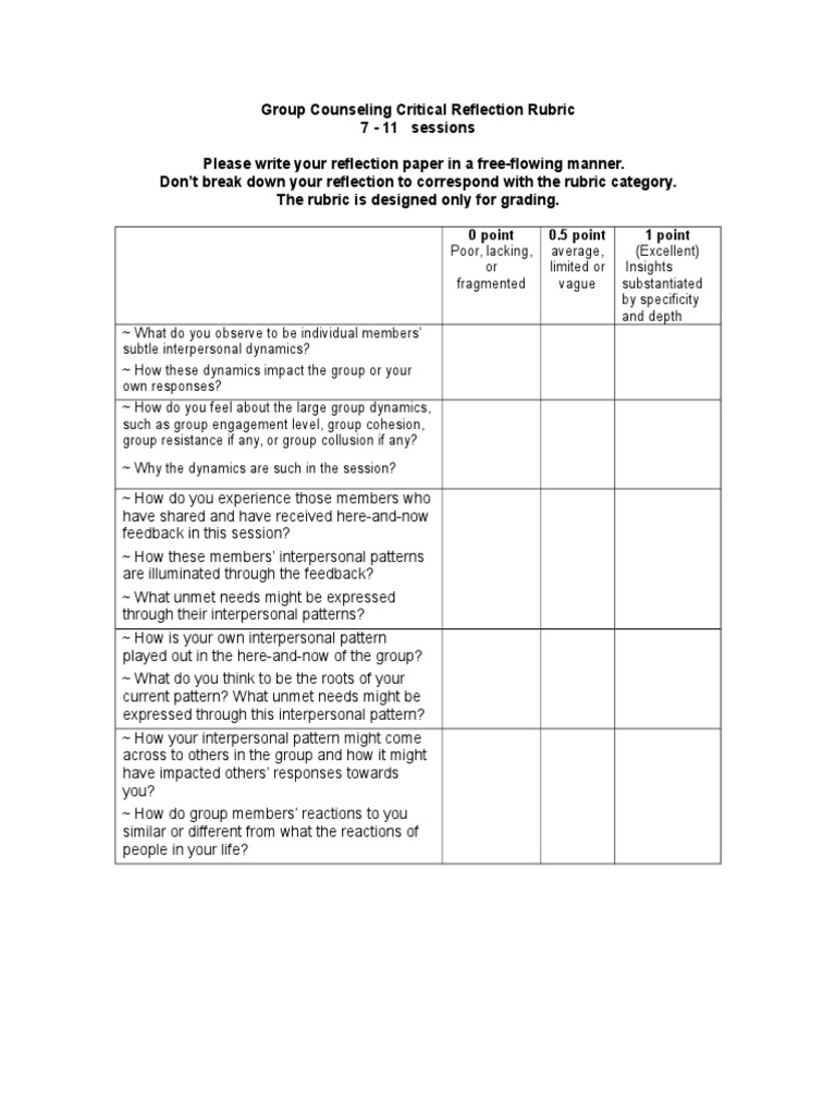 Group Counseling Reflection Rubric | PDF