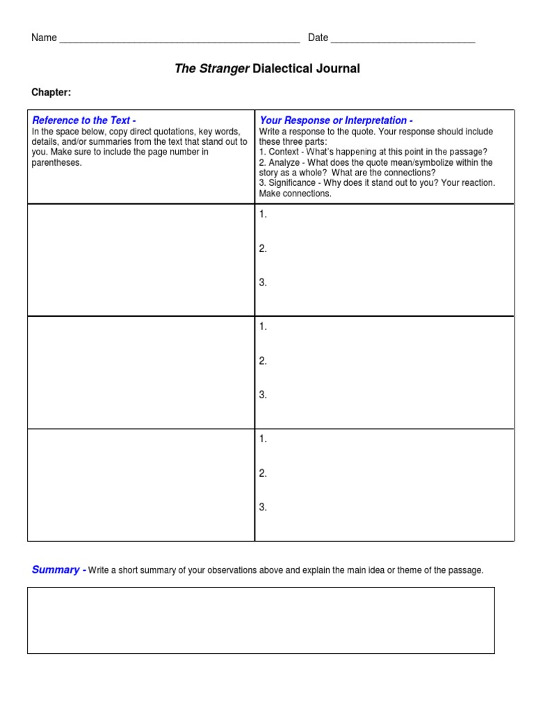 The Stranger Dialectical Journal Template | PDF