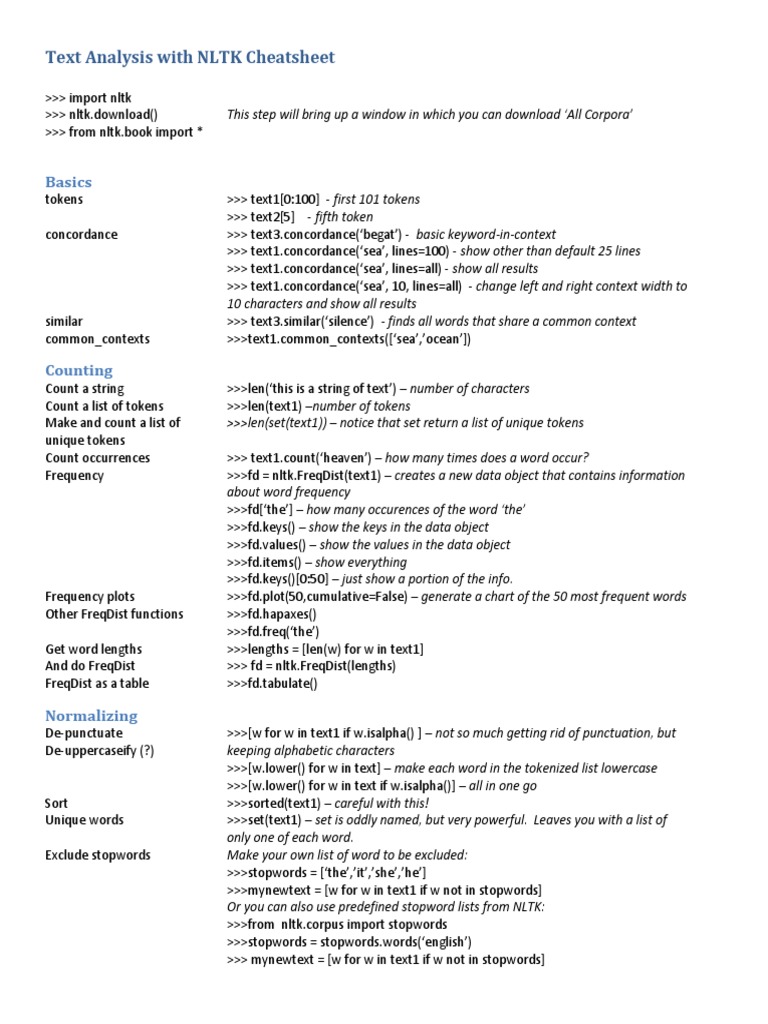 Text Analysis With NLTK Cheatsheet | PDF | Verb | Semiotics