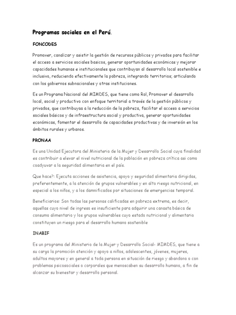 Programas Sociales en El Perú | PDF | Reducción de pobreza | Pobreza