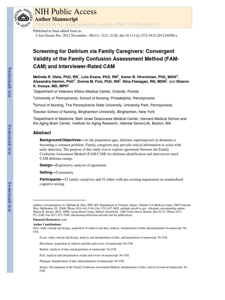 Screening for Delirium via Family Caregivers Validity of FAM-CAM | PDF ...