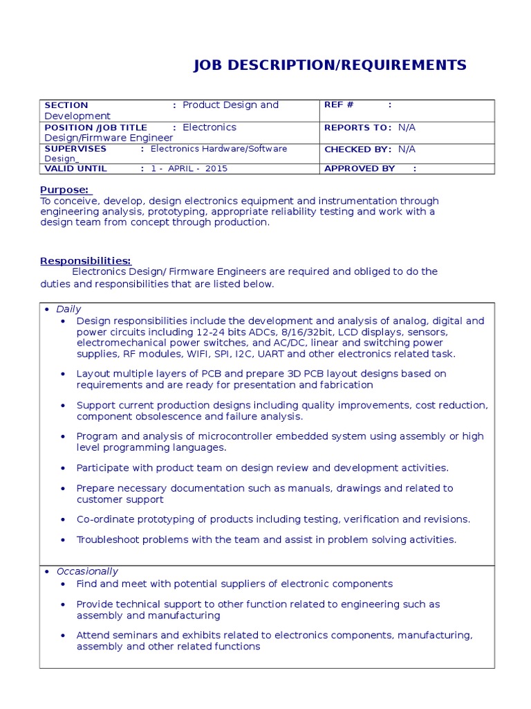 Electronics Design Engineer Job Description | PDF | Electronics ...