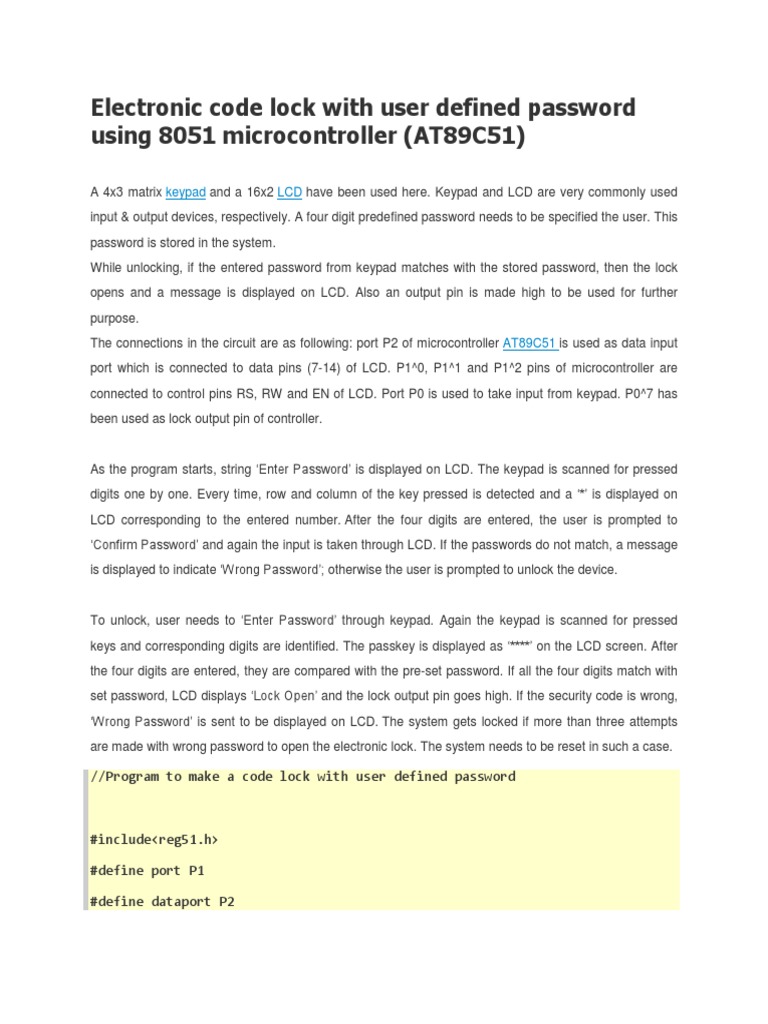 8051 Microcontroller Code Lock Guide | PDF | Personal Identification ...