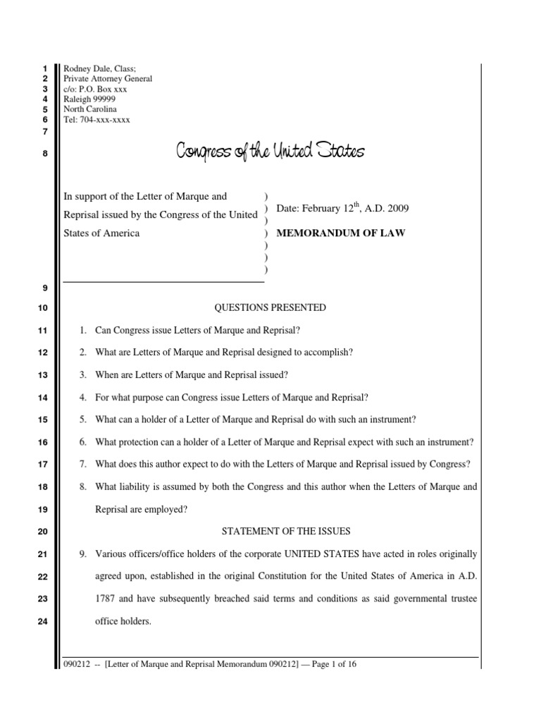 Rod Class Letter of Marque and Reprisal - Memorandum Based On | Private ...