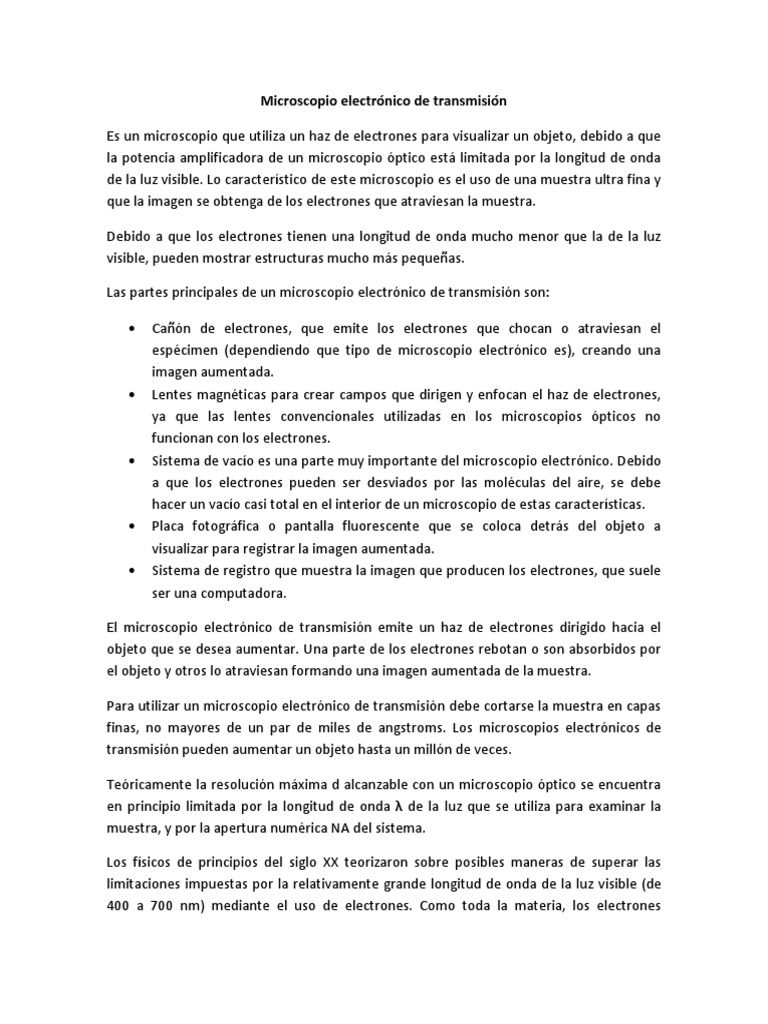 Microscopio Electrónico de Transmisión | PDF | Microscopio de transmisión por electrones | Electrón