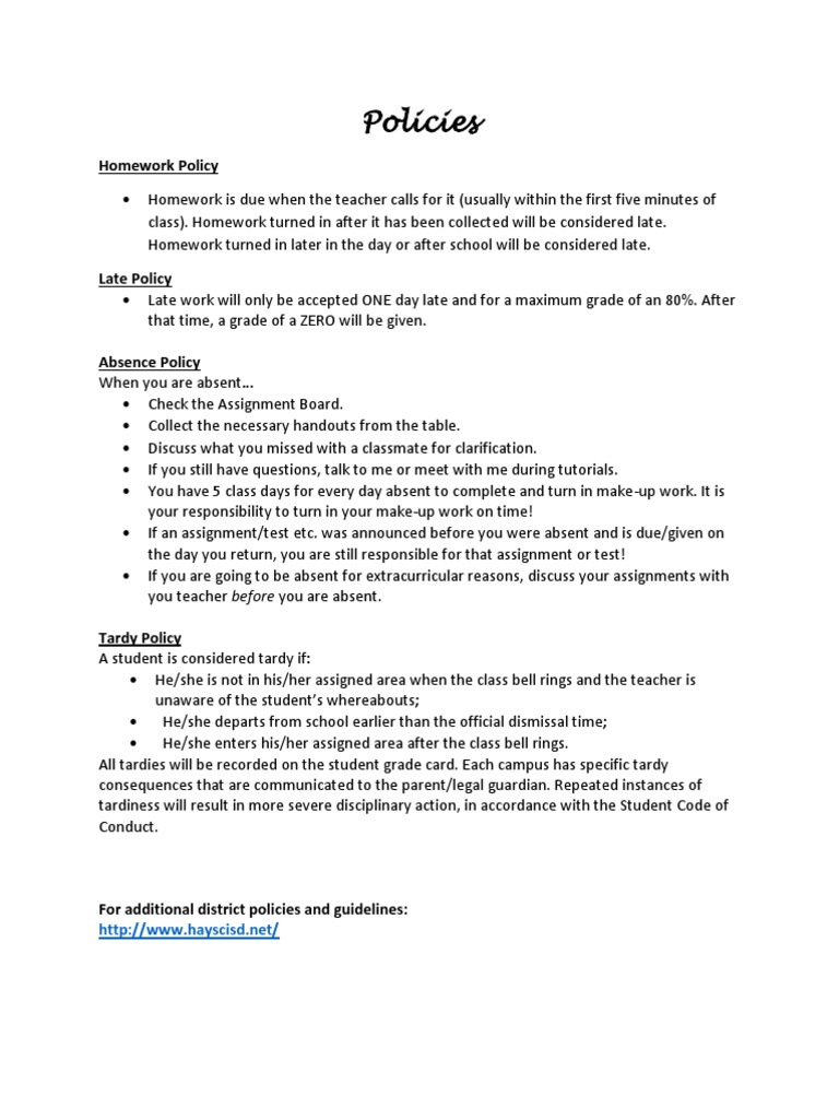 Classroom Policies: Homework, Absences, Tardies | PDF | Wellness