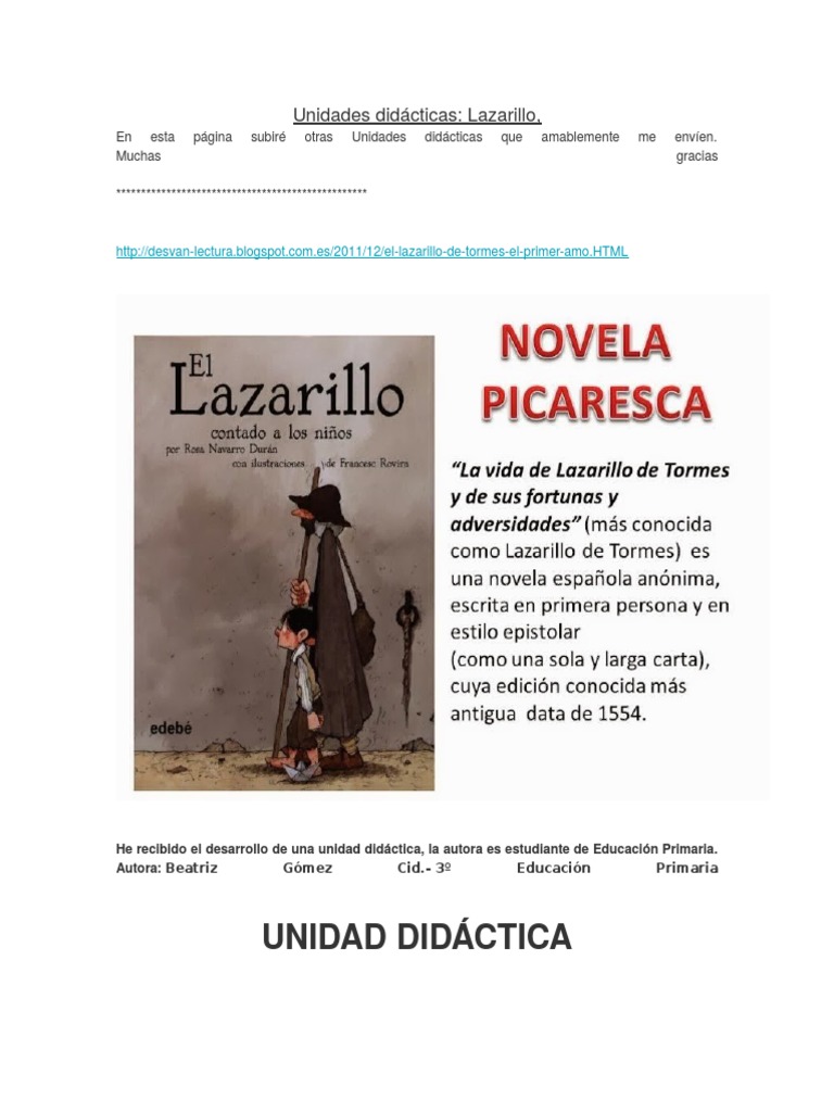 Unidad Didáctica: Lazarillo de Tormes | PDF | Lectura (proceso ...