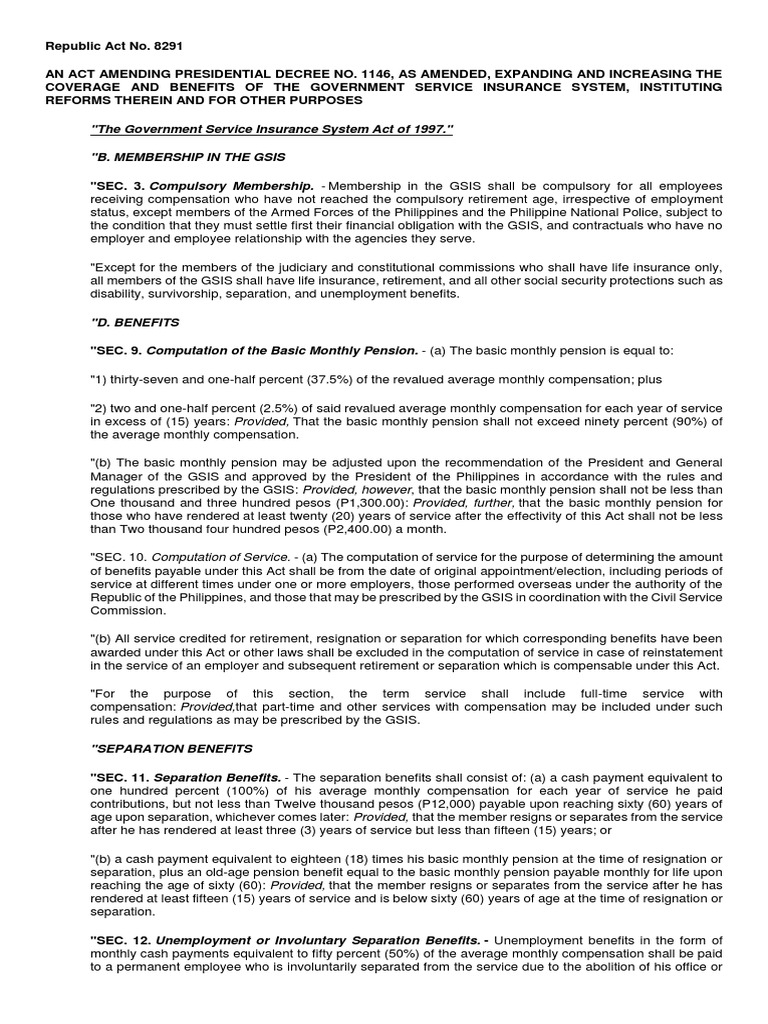 "The Government Service Insurance System Act of 1997." "B. Membership ...