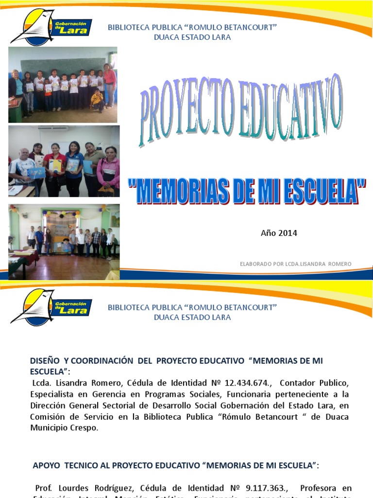 Proyecto Educativo Memorias de Mi Escuela | PDF | Lectura (proceso ...