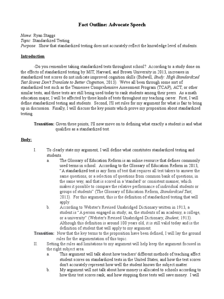 Advocate Speech Outline | PDF | Standardized Tests | Critical Thinking