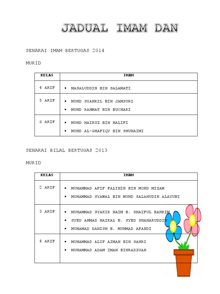Jadual Imam Dan Bilal Bertugas | PDF