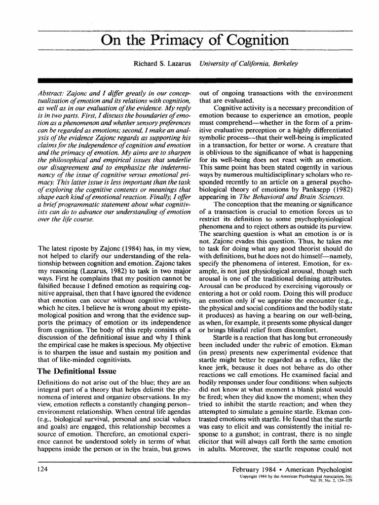 On The Primacy of Cognition (Richard Lazarus) | PDF | Affect ...