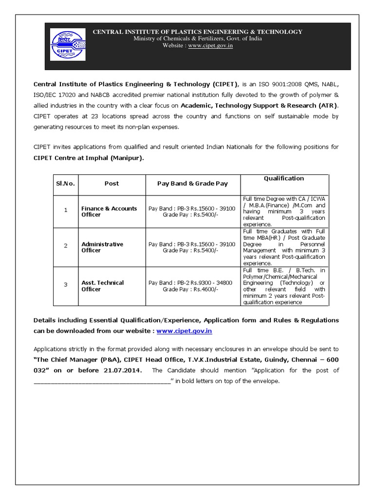 CIPET Imphal Job Openings 2014 | PDF