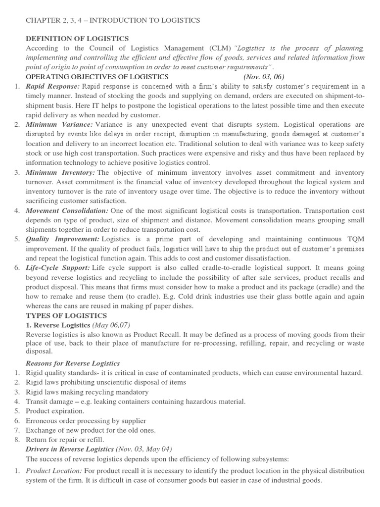 Logistic Notes | PDF | Logistics | Inventory