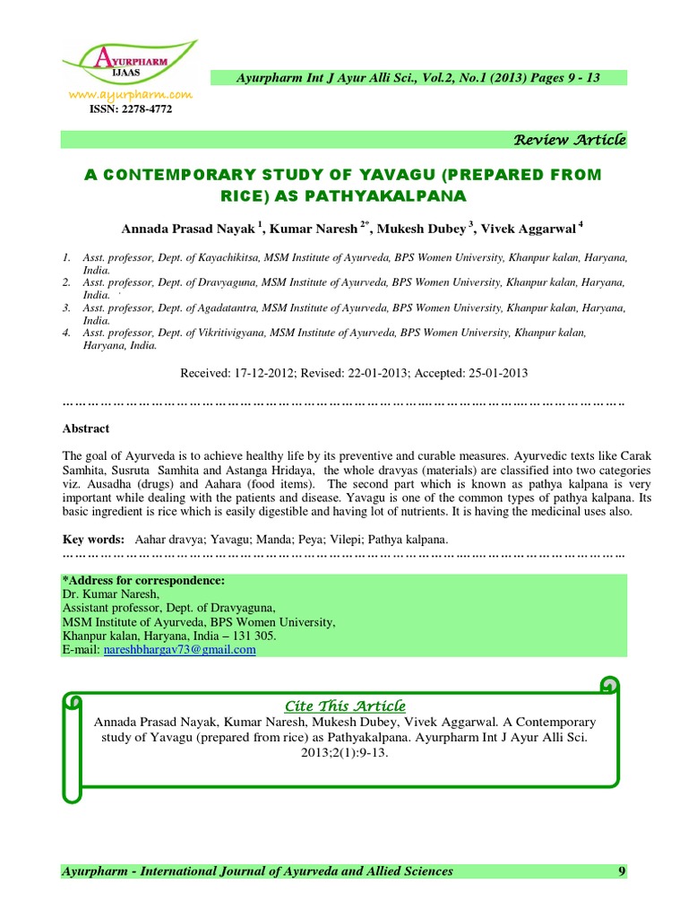 A Review of Yavagu (Rice-Based Preparations) as Pathyakalpana in ...
