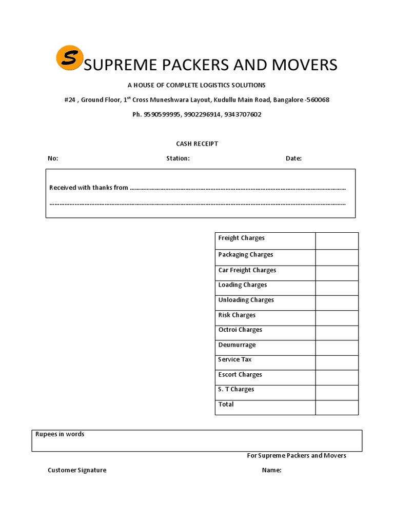 Supreme Packers and Movers Invoice Template | PDF