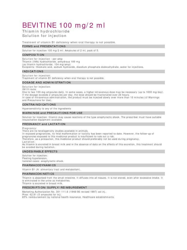 BEVITINE 100 mg/2 ML: Thiamin Hydrochloride Solution For Injection | PDF