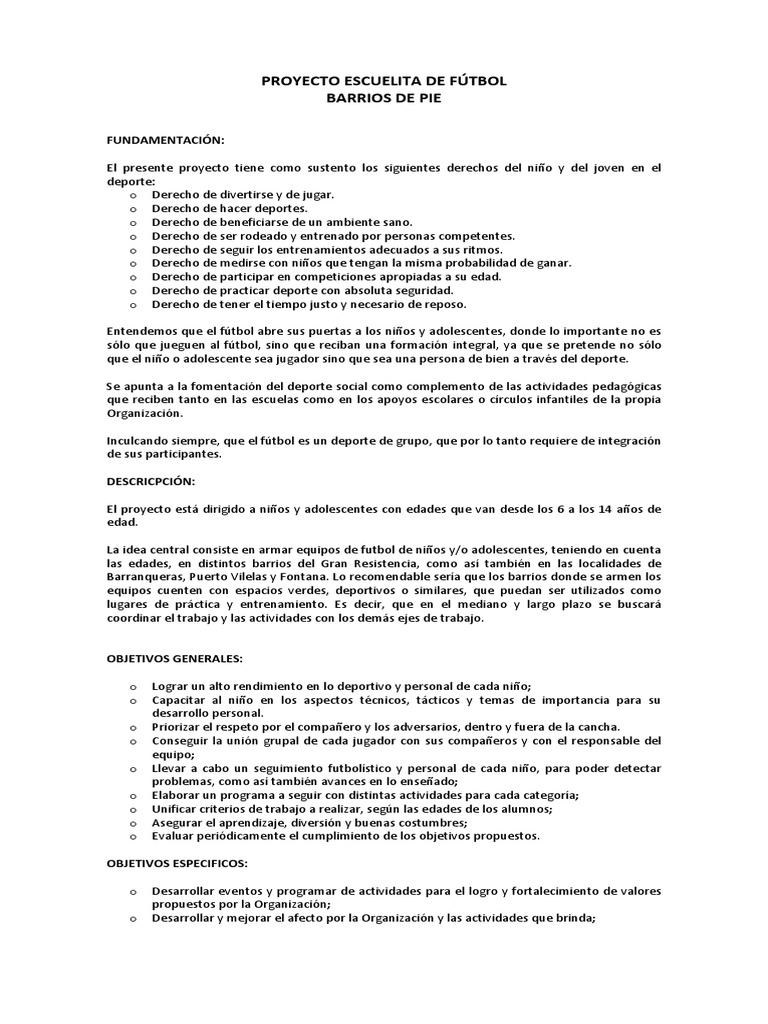 Proyecto Escuelita De Fútbol Pdf Asociación De Futbol Deportes
