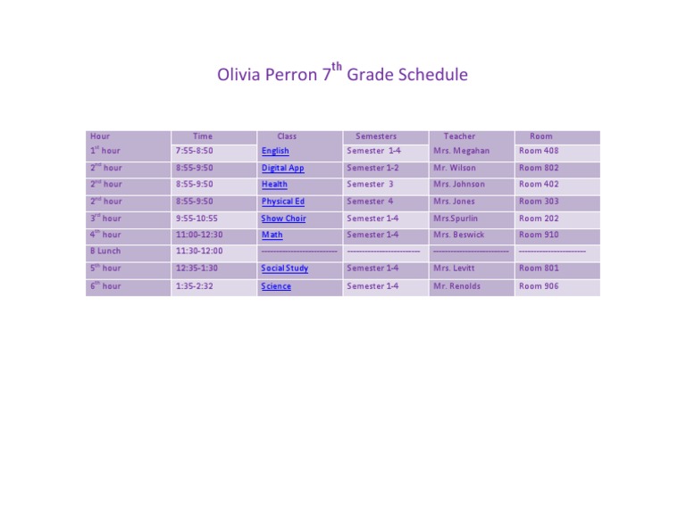 Olivia Perron 7th Grade Class Schedule | PDF