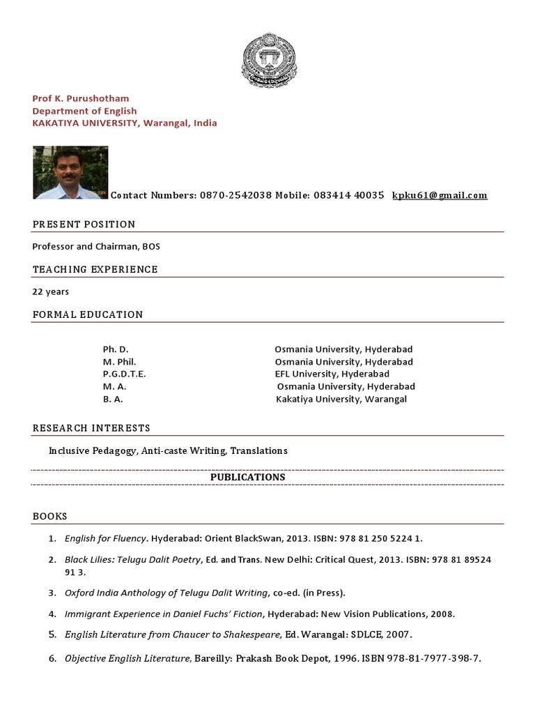 44 Purushotham K Profile | PDF | Dalit | English Studies
