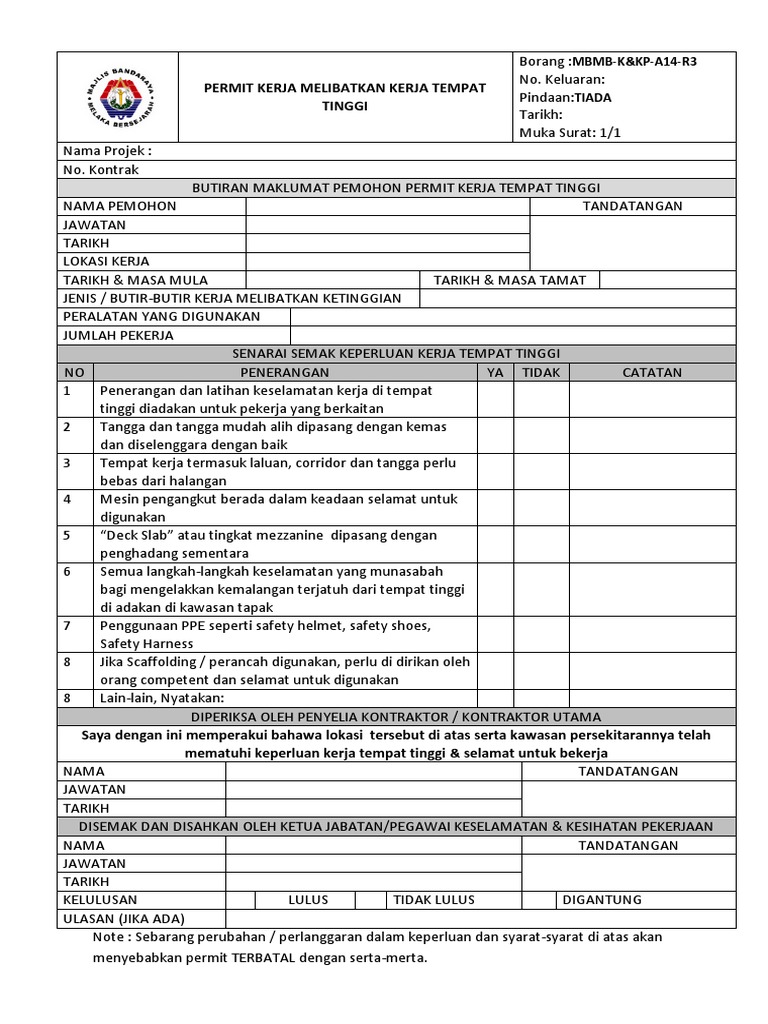 Permit Kerja Melibatkan Tempat Tinggi MBMB | PDF