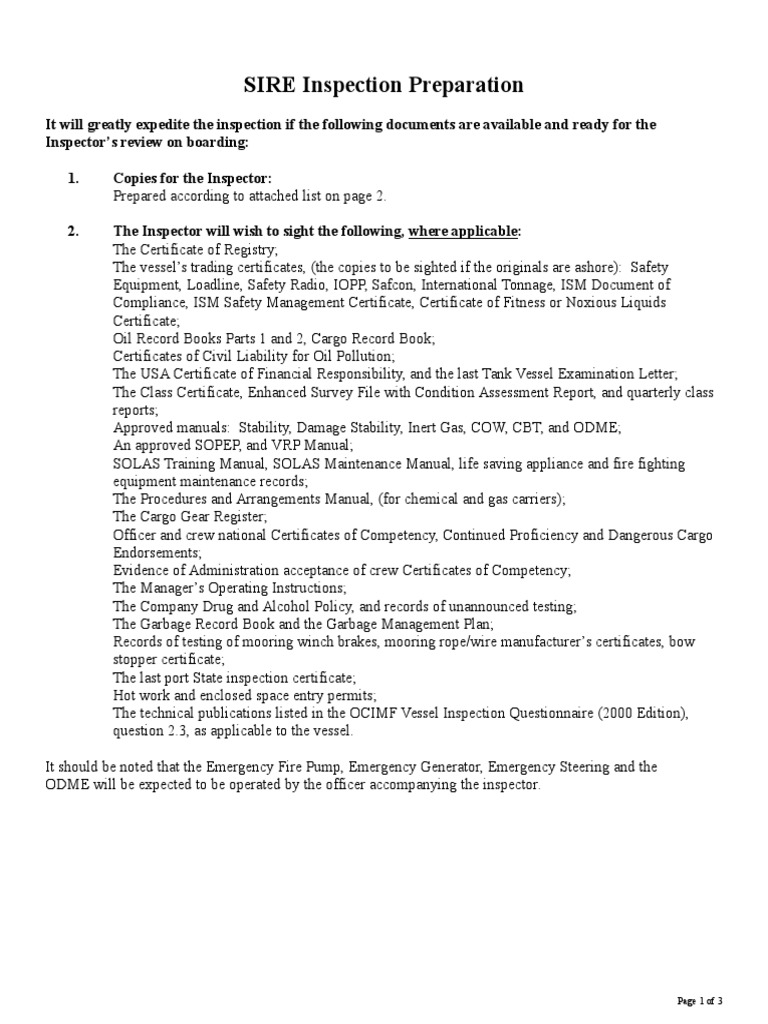 SIRE Inspection Document Checklist | PDF | Watercraft | Ships